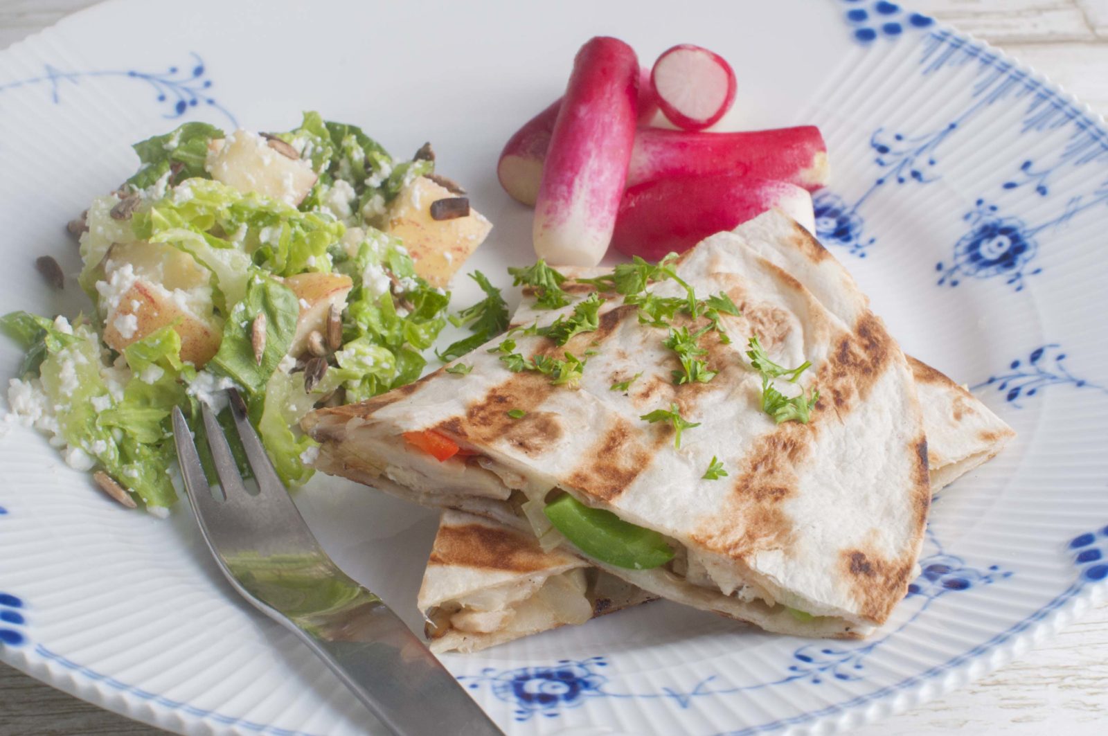Quesadillas with leftover chicken - and cottage cheese and apple salad