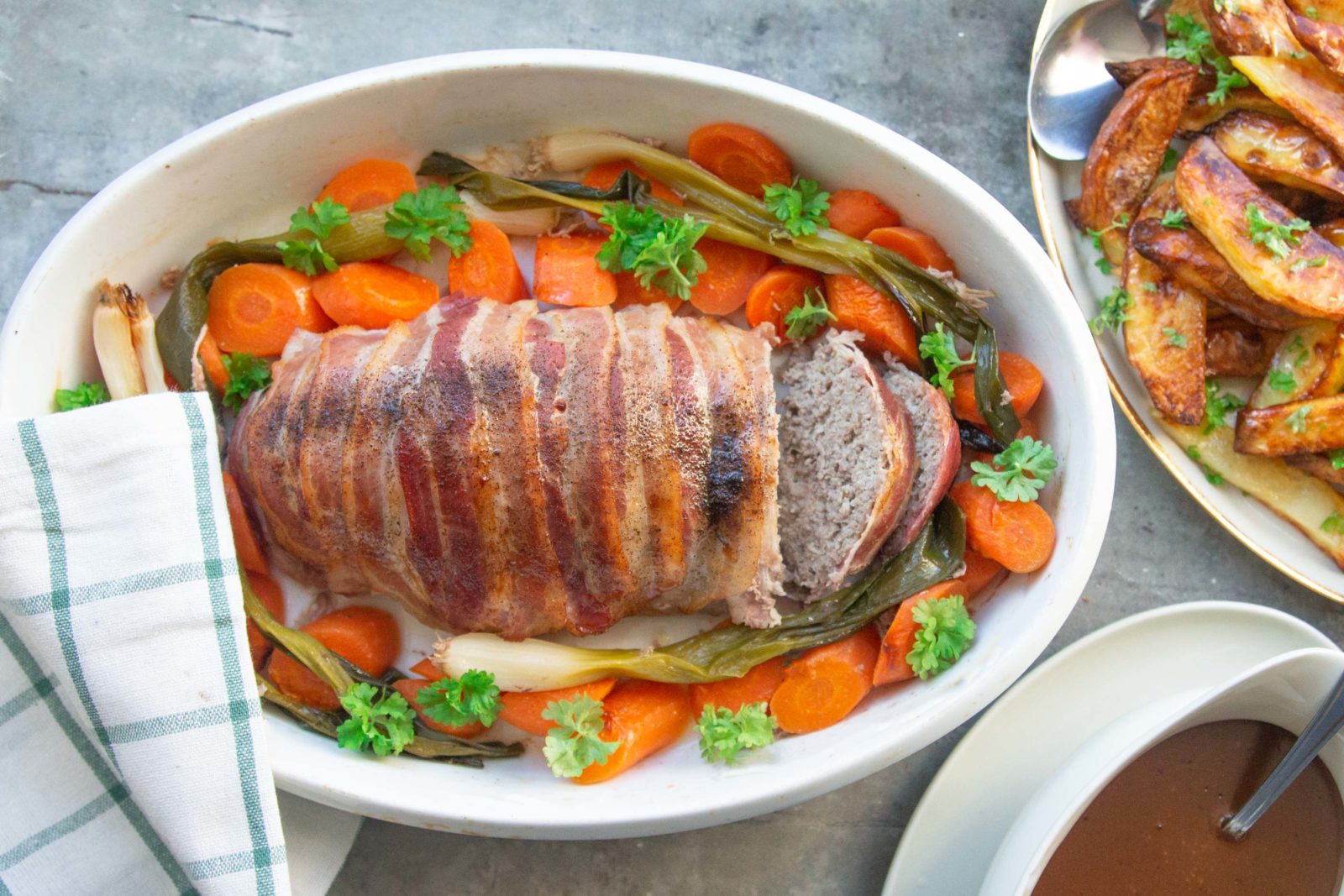 Meatloaf with roast veggies, potato wedges and an easy gravy