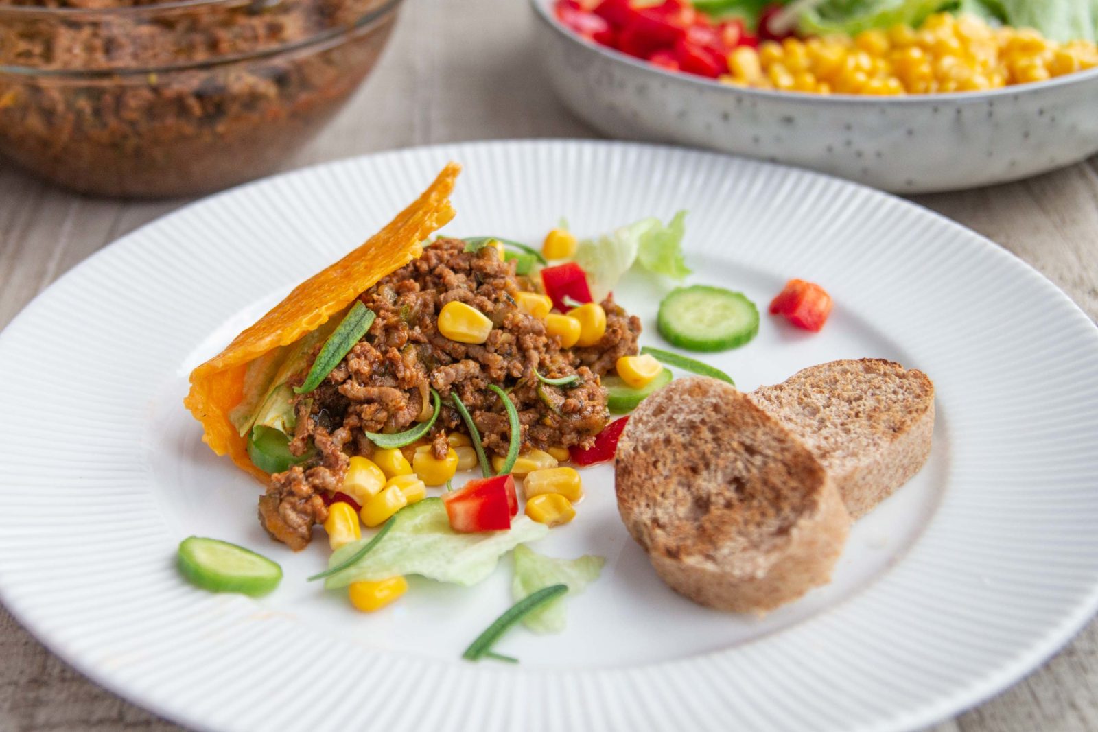 Cheese taco shells with beef mince and veggie filling